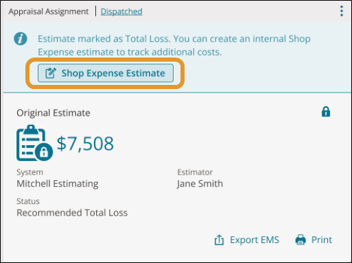Create Secondary Estimate for Total Loss Charges